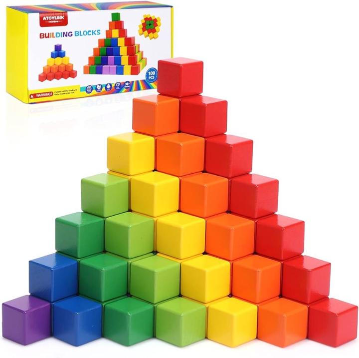 Wooden Building Blocks Stacking Game 1 Inch Rainbow Cubes Blocks Set ...