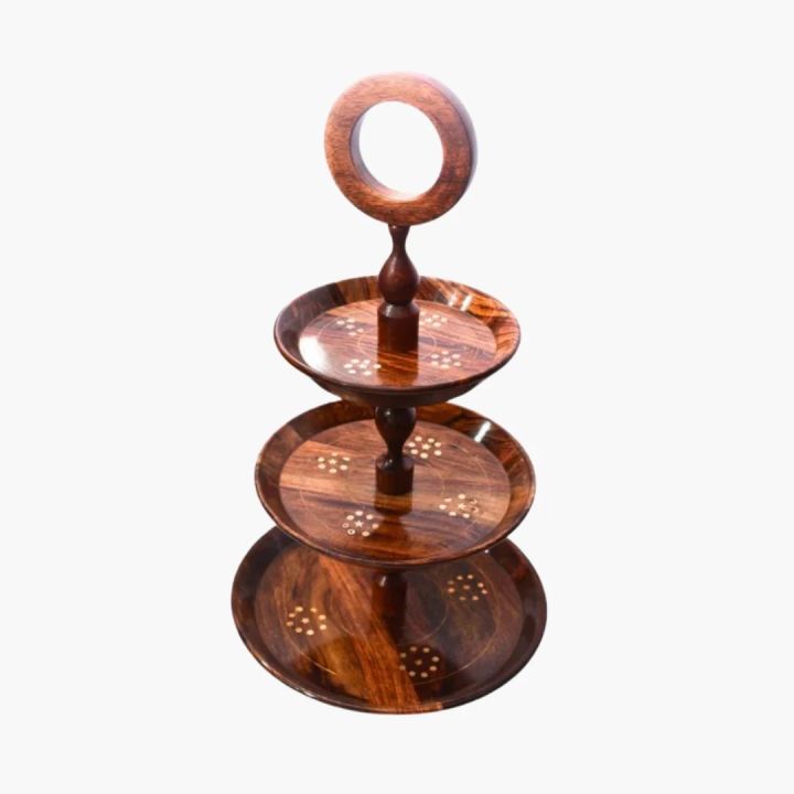 Wooden 3 Tier Round Serving Station with Brass Engraving | Premium ...