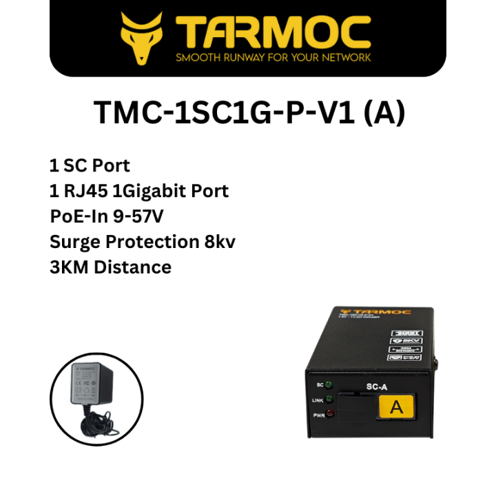 Tarmoc TMC-1SC1G-P-V1 Gigabit Optical Fiber Transceiver Media Converter 1SC+1RJ45 1Gigabit PoE ...