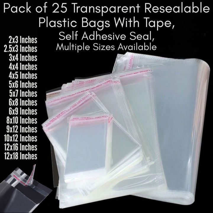 Pack of 25 Transparent Resealable Plastic Bags With Tape, Bopp Poly ...