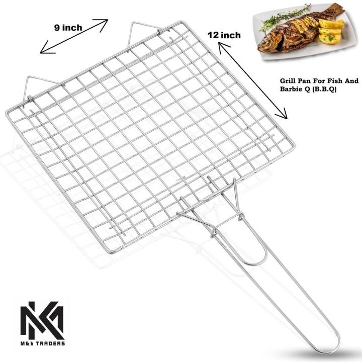 BBQ Square Grill Pan Wooden Handle Grill Bar B Q Stainless Steel Fish ...