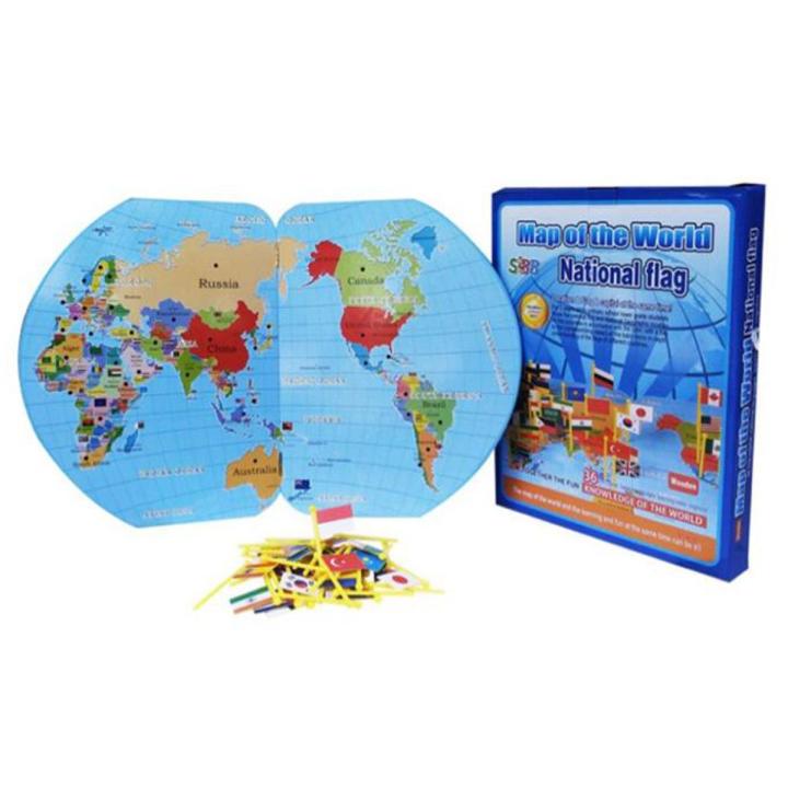 Educational Wooden World Map with 36 National Flags for Montessori Kids ...