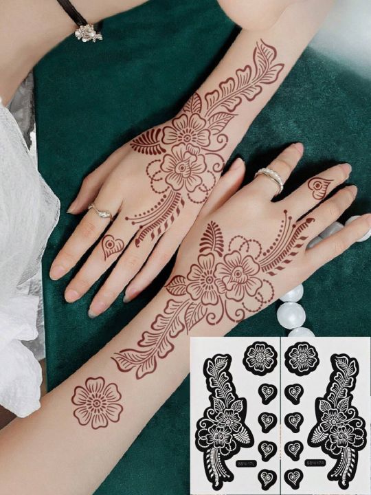 2 Sheets Hand Flower Henna Tattoo Stencil Stickers Flora Adhesive ...