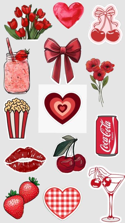 Red Aesthetic Sticker Sheet – Retro Love, Cherries & Strawberry Vibes ...