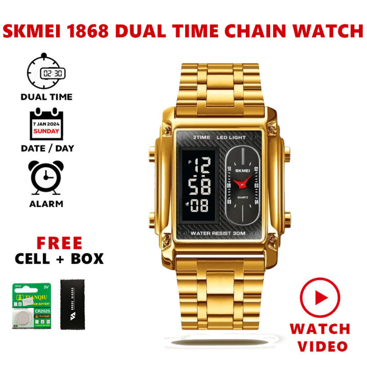 Premium Dual Time Chain Watch for Men with Rectangular Dial Stainless ...