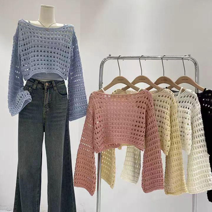 Long Sleeve Crochet Knit Top Summer Beach Bikini Cover Up Crop Pullover ...
