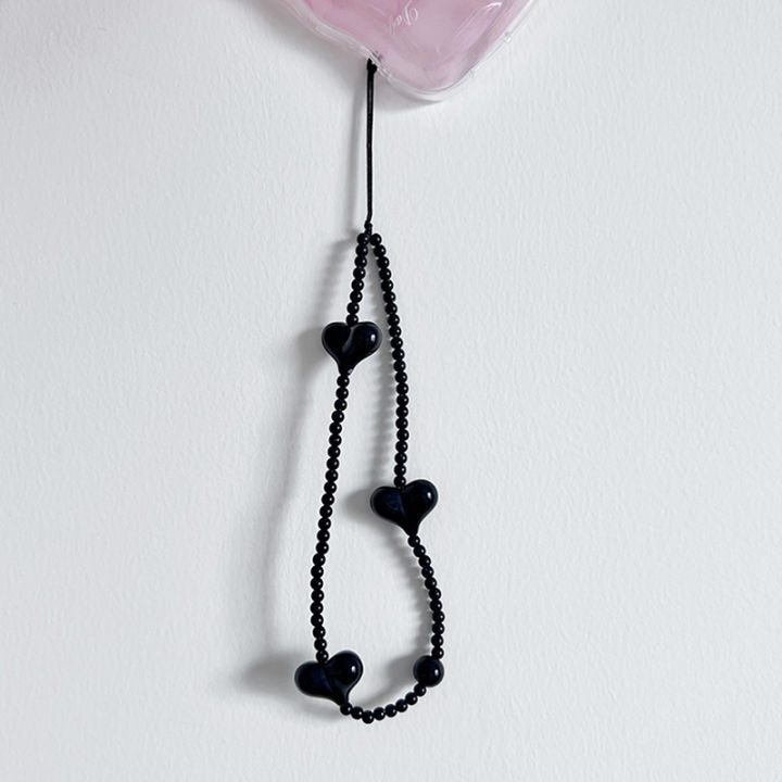 Korean Black Heart Phone Charm Straps Acrylic Beaded Cell Phone Chains ...
