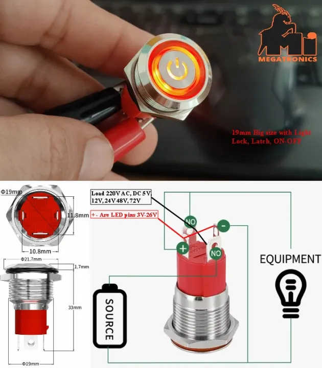 1Pcs waterproof IP65 19mm 10A Pushbutton LED power Switch lock latch ON ...