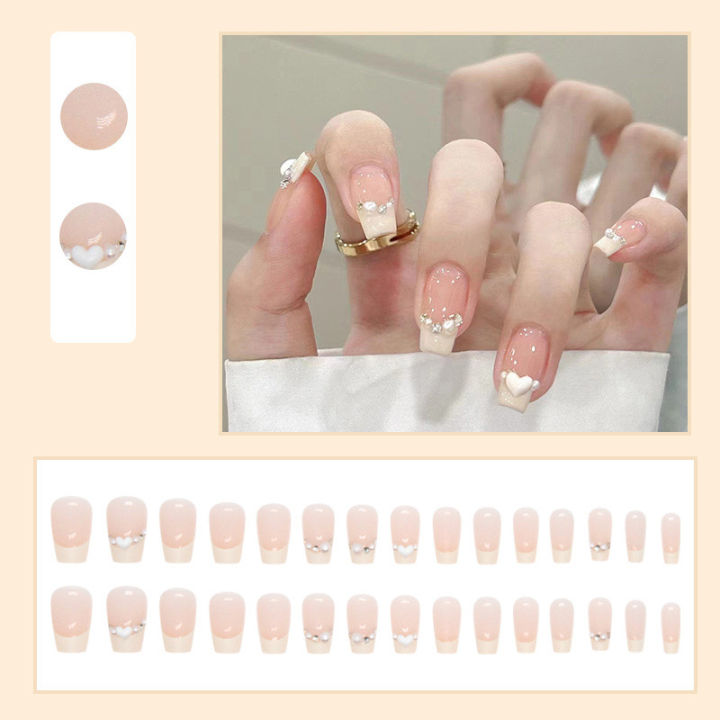 24Pcs Short Ballet White Pearl Fake Nails with Glue DIY Art Design ...