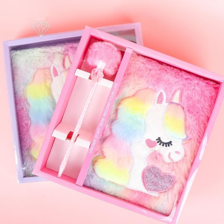 Unicorn Cute Diary For Girls Fluffy Fur With Gel Pen Notebook With ...