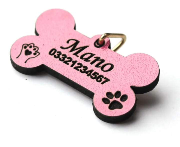 Custom Pet Name Tag Pink Bone – Engraved Dog/Cat Collar Tag with Phone ...