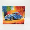 Vintage blue car painting on canvas with colorful autumn background ...