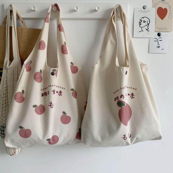 Canvas Cute Peach Tote Bag Simplicity Printing Square Shape Peach Print ...