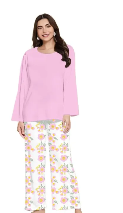 Plain Baby Pink Nightwear Set with Flower Printed Trousers – Women's ...