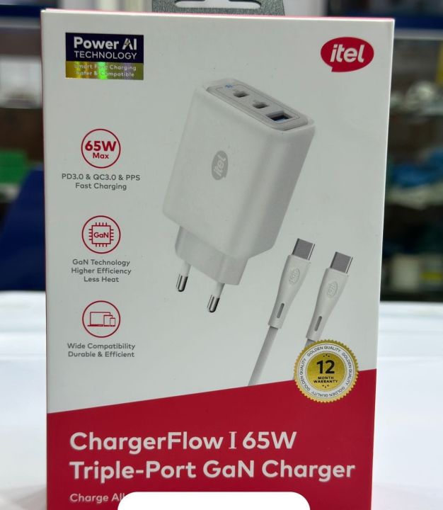 itel ChargerFlow I 65w GaN Charger Triple Port Kit With 3A Type-C Cable ...