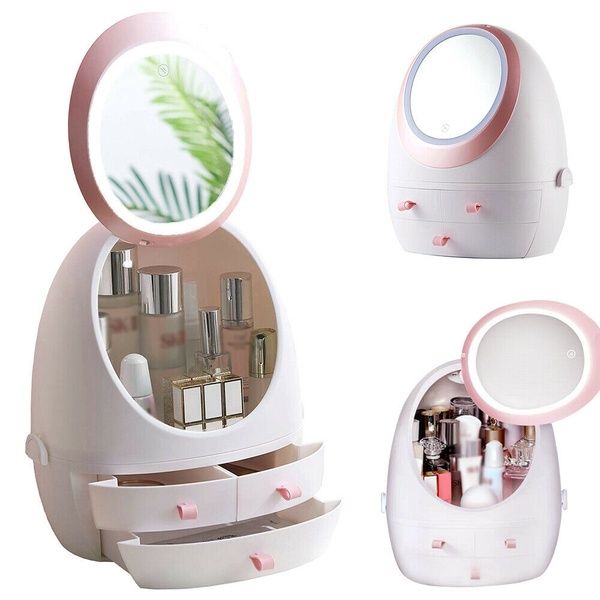 LED Vanity Makeup Organizer Box with Mirror, Portable Cosmetic Storage ...