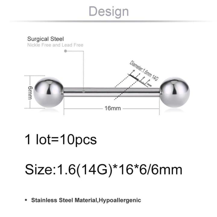 10pcs/lot Ball Piercing Kit Tongue Ring Stainless Steel Barbell 14G Gauge Tongue Bar High ...