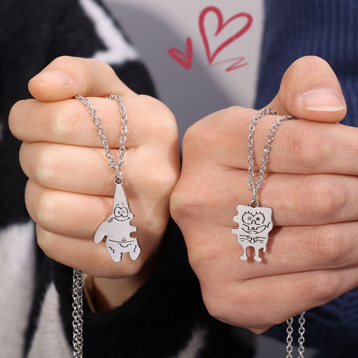 2Psc Cartoon SpongeBob Pie Big Star Stainless Steel Cross Chain Couple ...