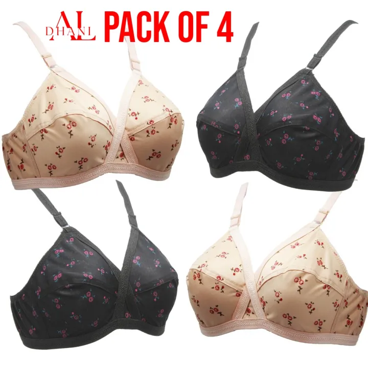 pack of 4 cotton summer winter 3 hook bra skin black colour women ...