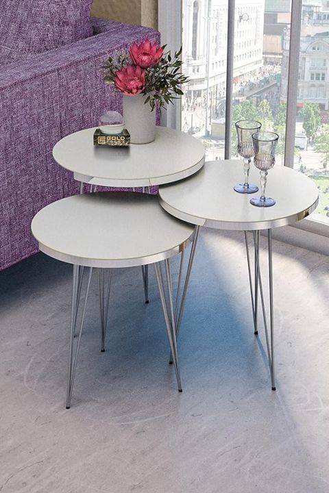 MDF Wood Round Nesting Table With Metal Stand Set of 3 Round table ...