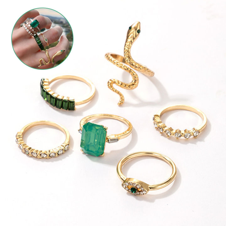 6pcs/set Luxury Green Rhinestone Snake Rings for Women Vintage Crystal ...