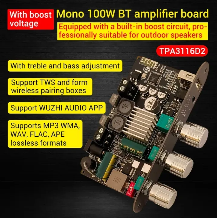 ZK-1001U TPA3116D2 AMP with built-in Power Booster, Tone Board Mono 100W BT Bluetooth Amplifier ...