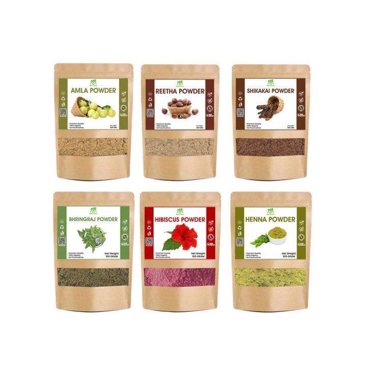 Pack of 6 Amla Reetha Shikakai Powder + Hibiscus Powder + Bhringraj ...