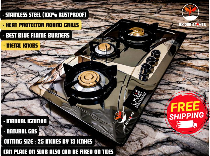 Zee 3 Burner Heavy Stainless Steel Hob STOVE With Heat Protector Heavy ...