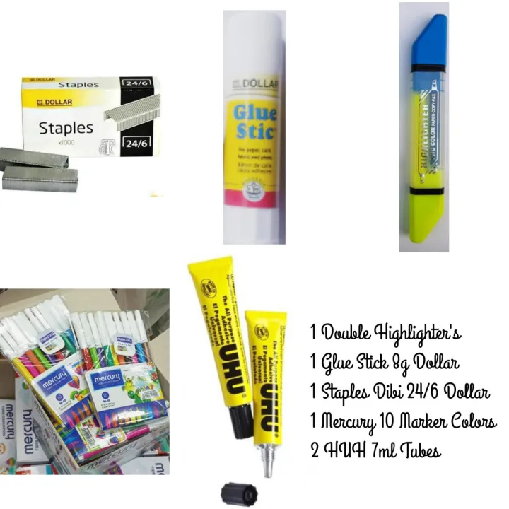 6 in One Deal 1 Double highlighter, 1Glue Stick, 1 staples 24/6 dibi, 1 ...