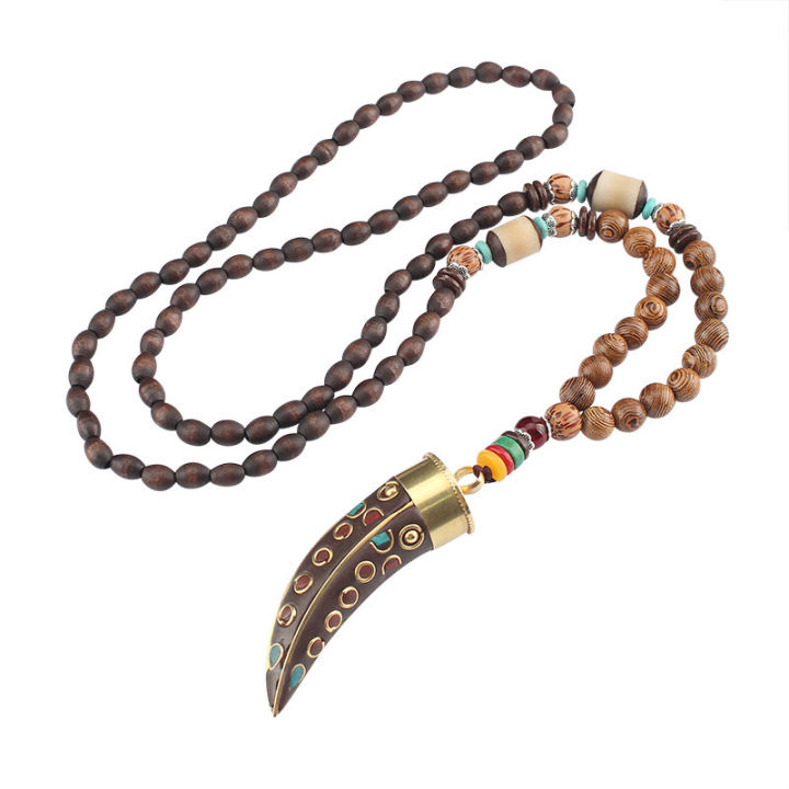 Nepalese hand made horn-shaped wooden bead necklace men Buddhist beads ...