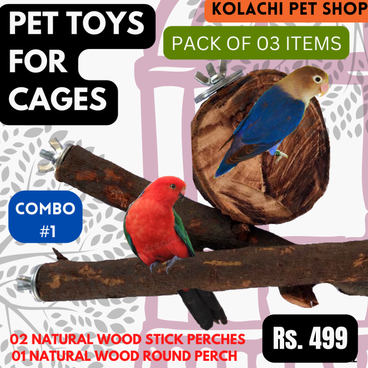 Pack of 03 items Bird Perches stick and round combo Natural Wood Parrot ...