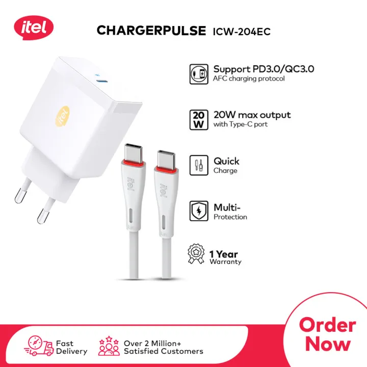 itel ICW-204EC Wall Charger, Type-C 20W Fast Charging Adapter, 2.4A ...