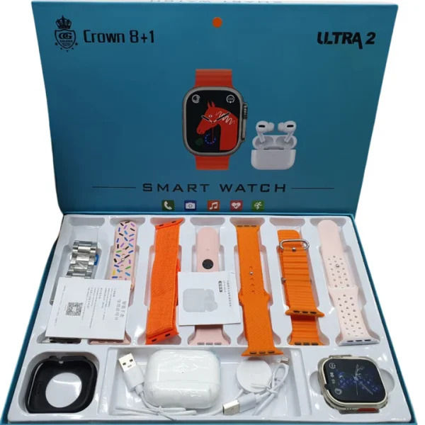Crown 8+1 smart watch with 7 Different straps in Rendom Colour, Wireless Airbuds and silicone ...