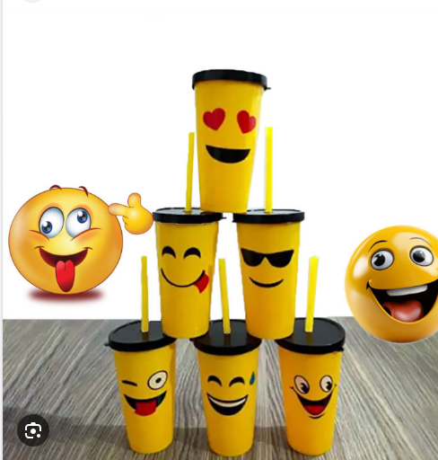 1 Piece Emoji Face Unbreakable Plastic Glass WIth Cap & Straw - Yellow ...