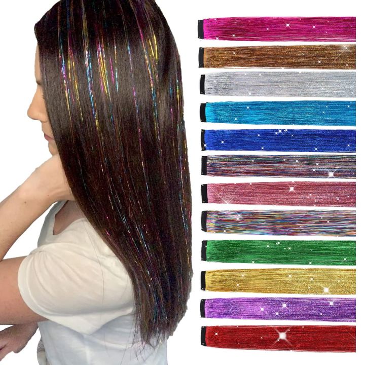 6- pcs Hair Tinsel Hair Extension with Clip - Shiny Glitter Long ...