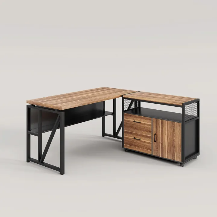 Customised L-Shaped Executive Desk with Storage Shelves and Mobile File ...