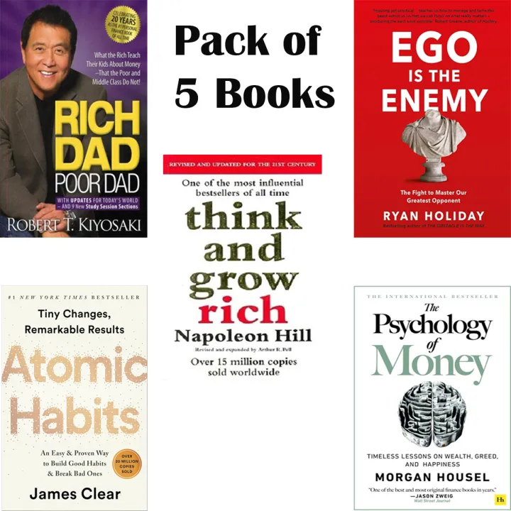 Pack of 5 Rich Dad Poor Dad,Think and Grow Rich,Ego is the Enemy,Atomic ...