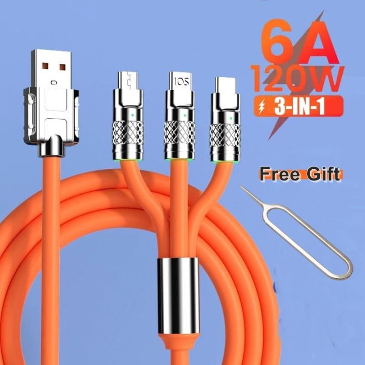 3 in 1 6A 120W USB Fast Charger Cable For Iphone Micro USB C Type C ...