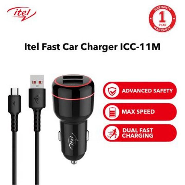 Itel Genuine 3.4A Dual USB Port Fast Car Charger Black With Data Cable ...