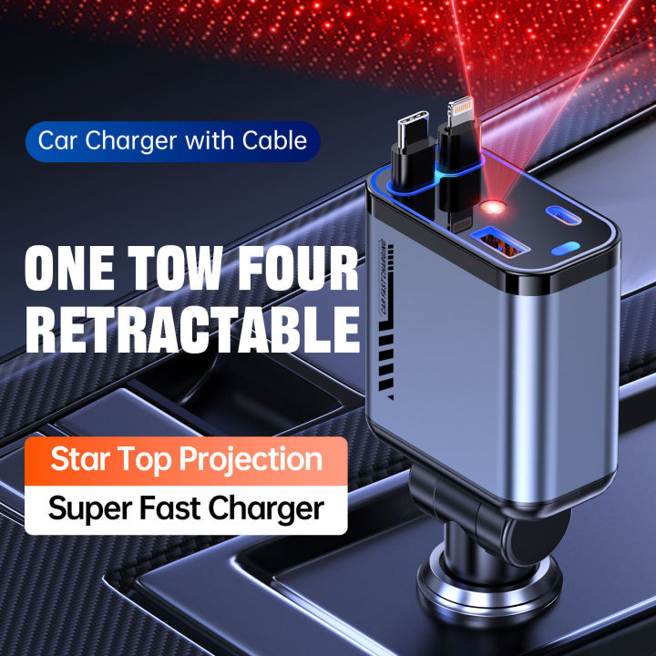 4-in-1 Retractable Car Phone Charger | Super Fast Charging Adapter with ...