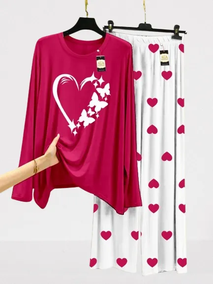 Dark Pink Color Heart Butterfly Printed Lounge Wear Night Suit with ...