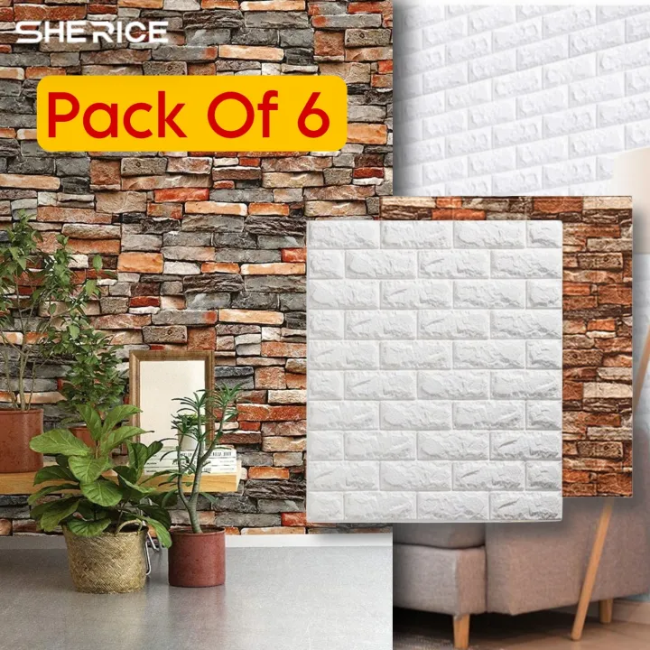 [Pack of 6] 3D Brick Wall Stickers Self Adhesive Wallpaper Sheets 3mm ...