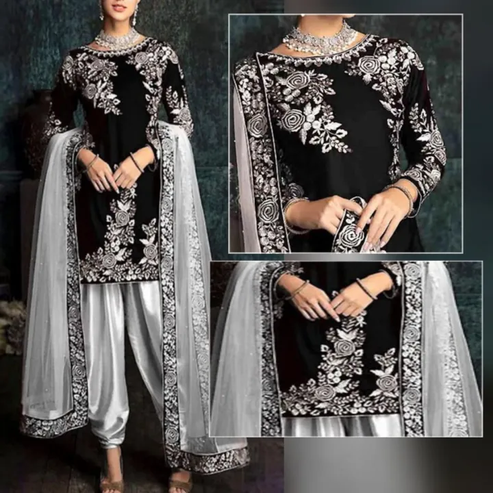 Ladies Black Satin Silk Embroidered With Net Dupatta 3pcs shalwar kameez Unstitched | Daraz.pk