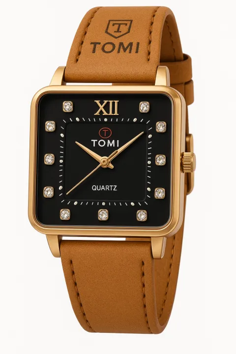 TOMI Luxury Square Watch for Men – Gold Case, Black Dial, Brown Leather ...