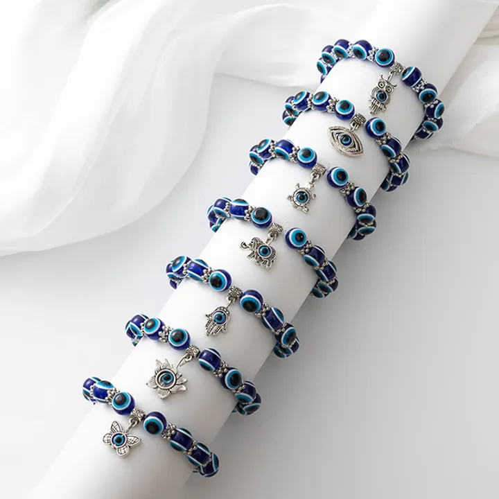 Trendy Turkish Evil Eye Elastic Bracelet Handmade Crystal Resin Beaded ...
