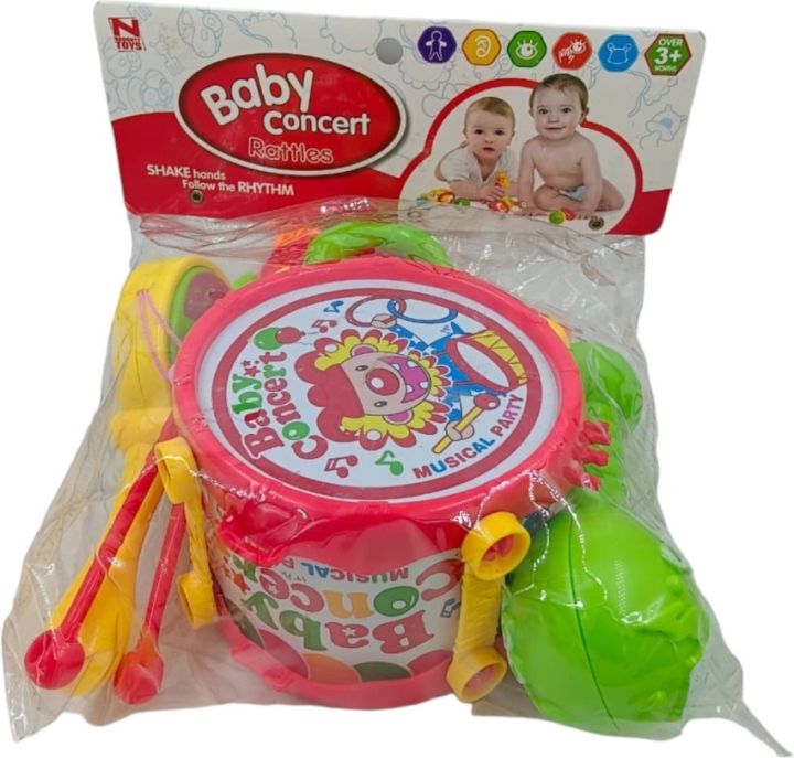 Baby concert drum set with pack of 4 Rattles and 2 sticks . | Daraz.pk