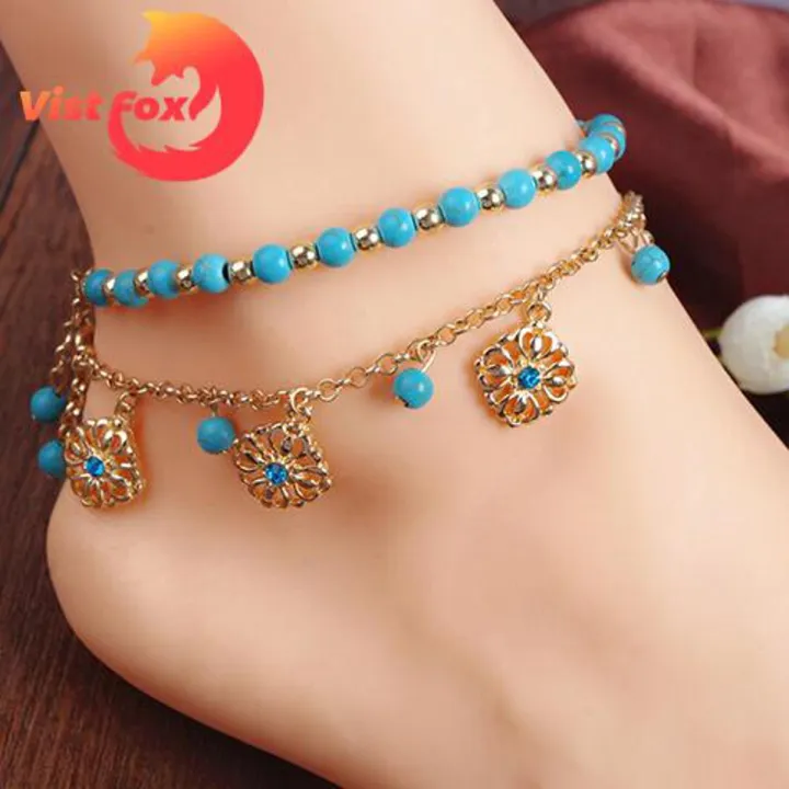 Vist Fox Boho Double Layers Rhinestone Flower Turquoise Foot Chain ...