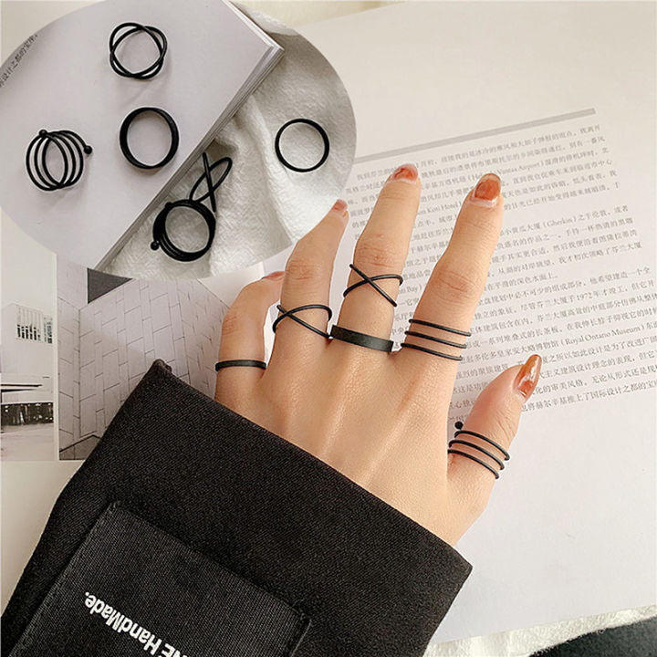 3/6pcs Vintage Black Rings Set For Women Girls Punk Metallic Geometric ...