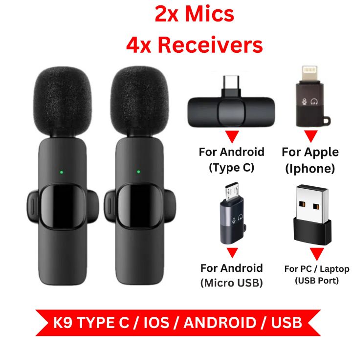 Wireless MIC Type C/IOS/Android Mic K9 Wireless Double Microphone For Interview, Vlogging ...