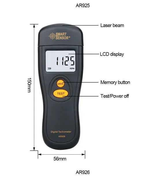Smart Sensor AR926 Digital Tachometer | Non-Contact Laser RPM Meter for ...
